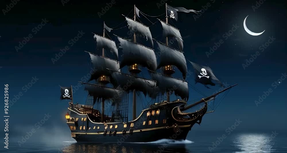 A colossal black pirate ship, with three towering masts and tattered ...