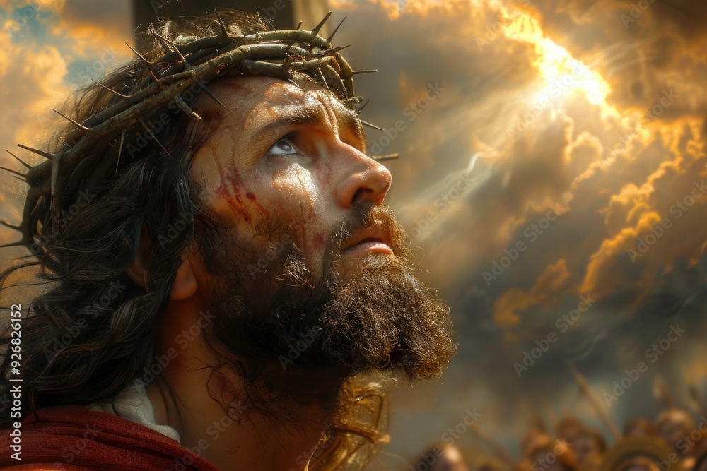 Path to calvary: Jesus Christ carrying a heavy cross to Golgotha, his ...