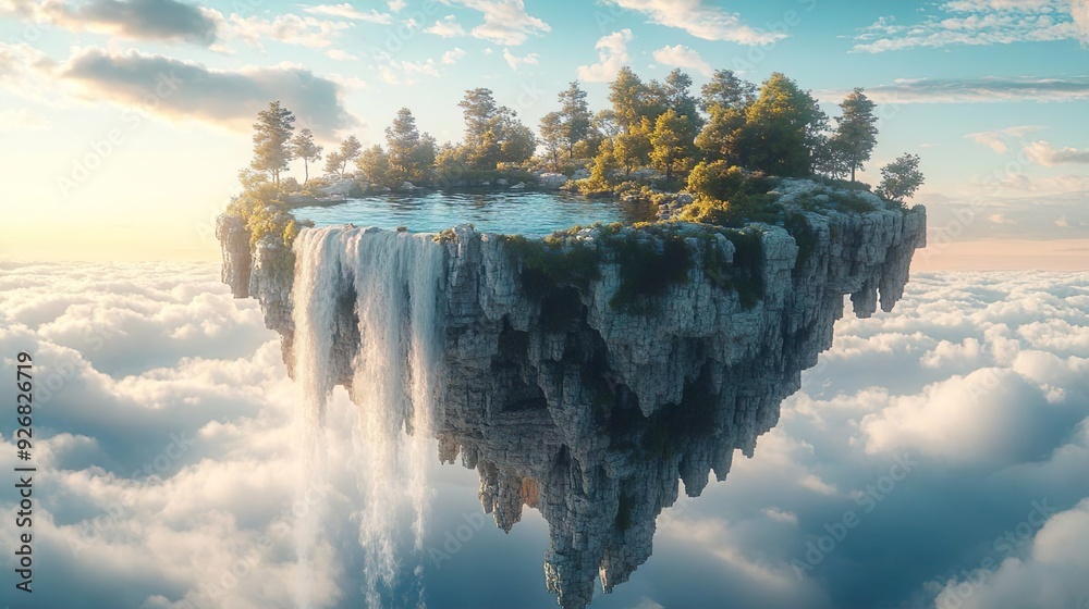 Floating island with cascading waterfall and lush trees in a magical ...