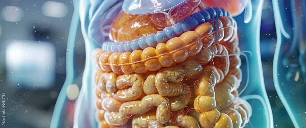 Anamorphic video of the anatomy of human digestive system. Nutrient ...