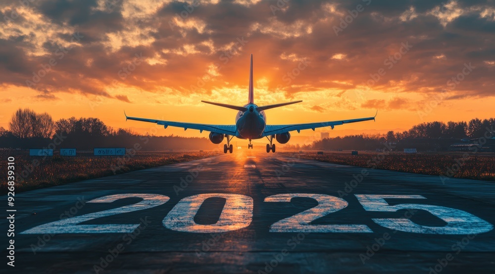 The word "2025" is written on the runway of an airport, with a plane ...