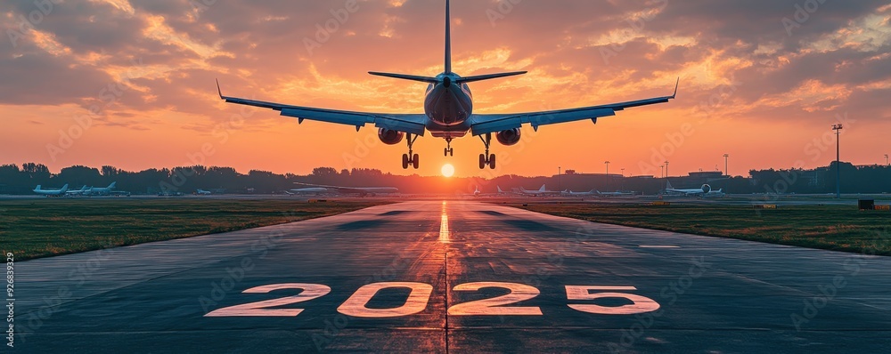 An airplane taking off from an airport runway with the numbers "2025 ...