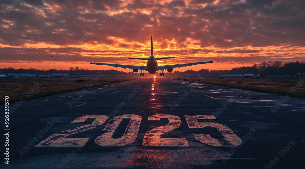 The word "2025" is written on the runway of an airport, with a plane ...