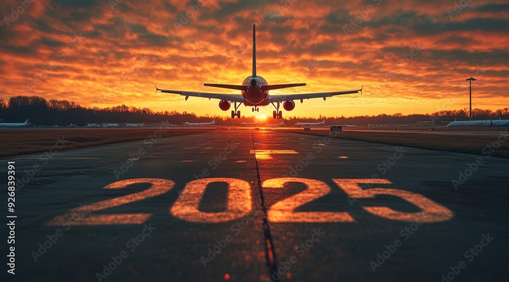 The word "2025" is written on the runway of an airport, with a plane ...
