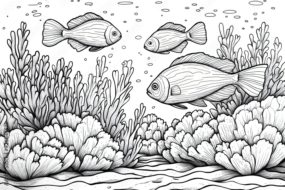 simple coloring page of undersea ecosyetem, fish, coral and plant Stock ...