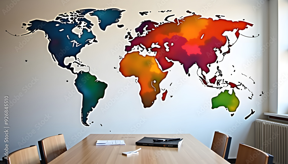 Vibrant map of the world displayed prominently on a classroom wall for ...