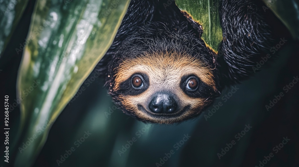 Curious sloth, hanging upside down from a tree branch, in the shade of ...