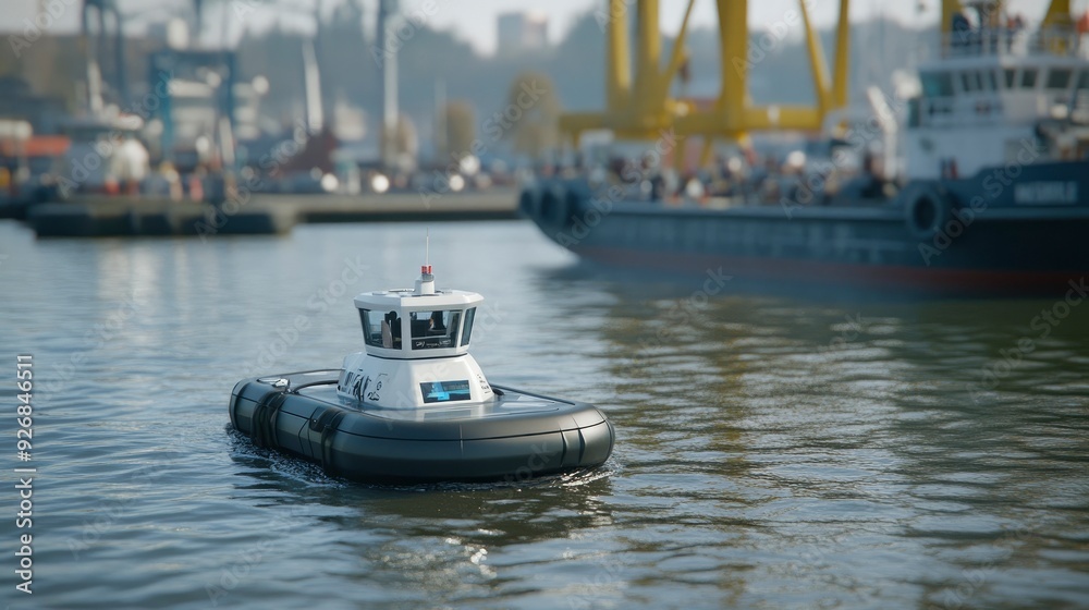 Electric-powered autonomous tugboat, guiding a ship, in a busy harbor ...