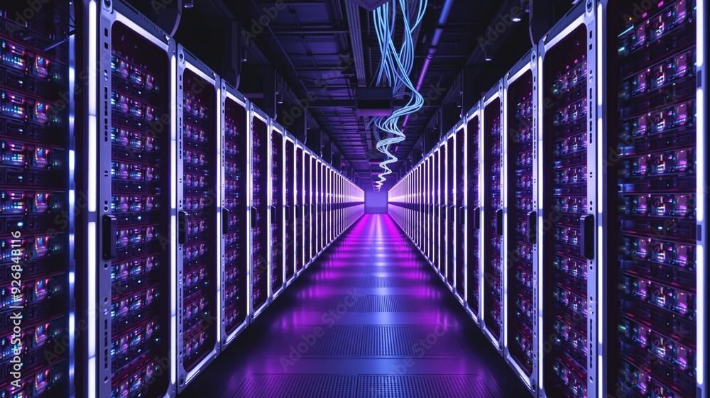 Data Center Servers, A dimly lit hallway in a data center illuminated by rows of computer ...