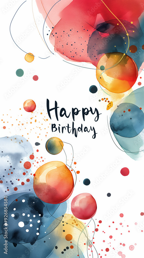 A colorful birthday card design featuring abstract watercolor circles ...