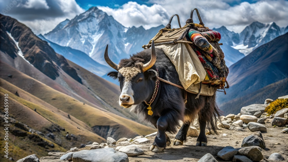 Yak carrying heavy load through treacherous mountain pass, yak, animal ...