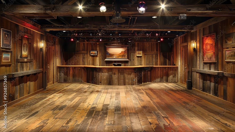 A rustic wooden interior with a long wooden counter and wooden floor ...