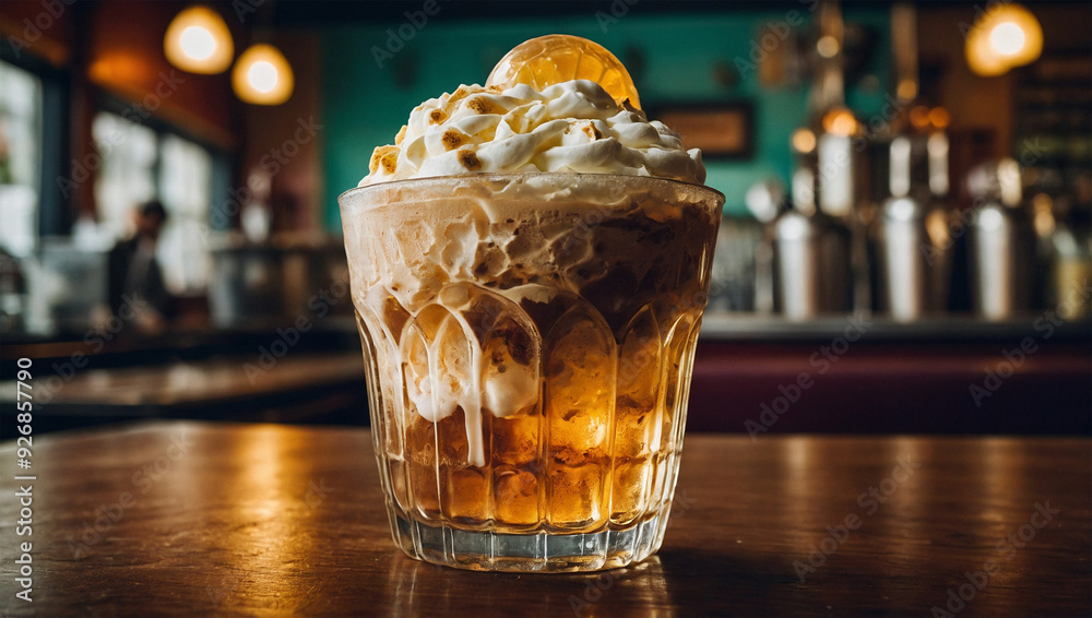 Ice cream float with halal soda, served in a classic glass in a retro ...