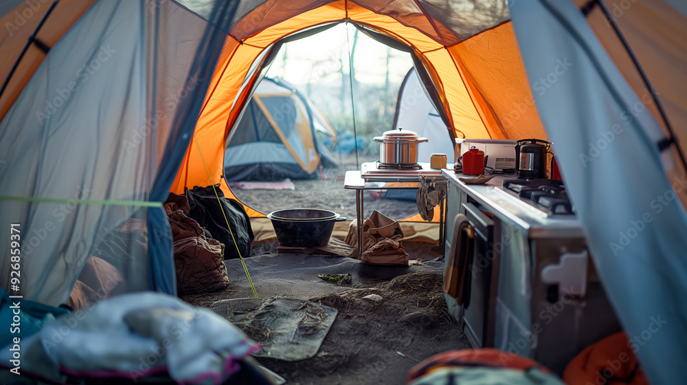 Interior of an orange tent equipped with a portable kitchen setup ...