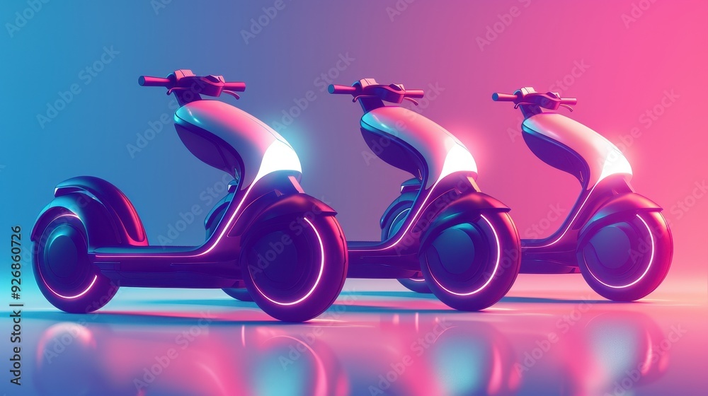 Three futuristic electric scooters in a neon-lit environment showcasing ...