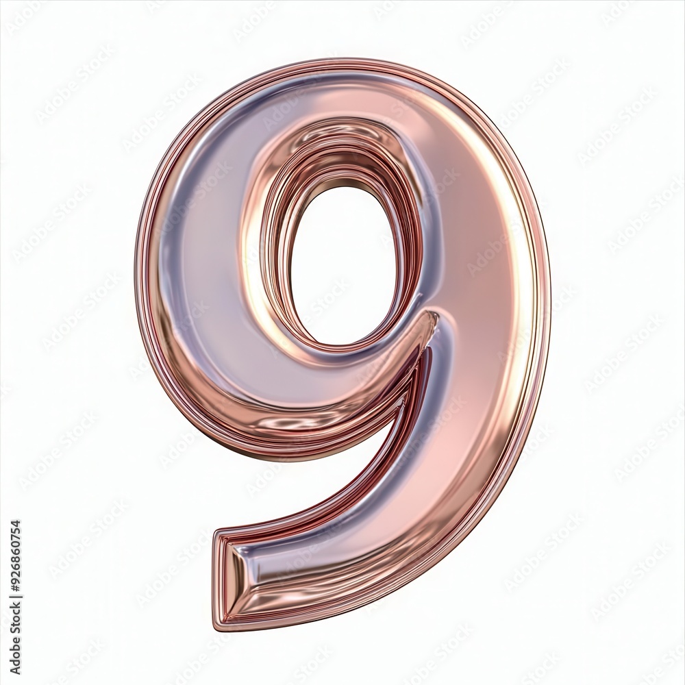 Shiny rose gold number nine isolated on white background. Stock ...