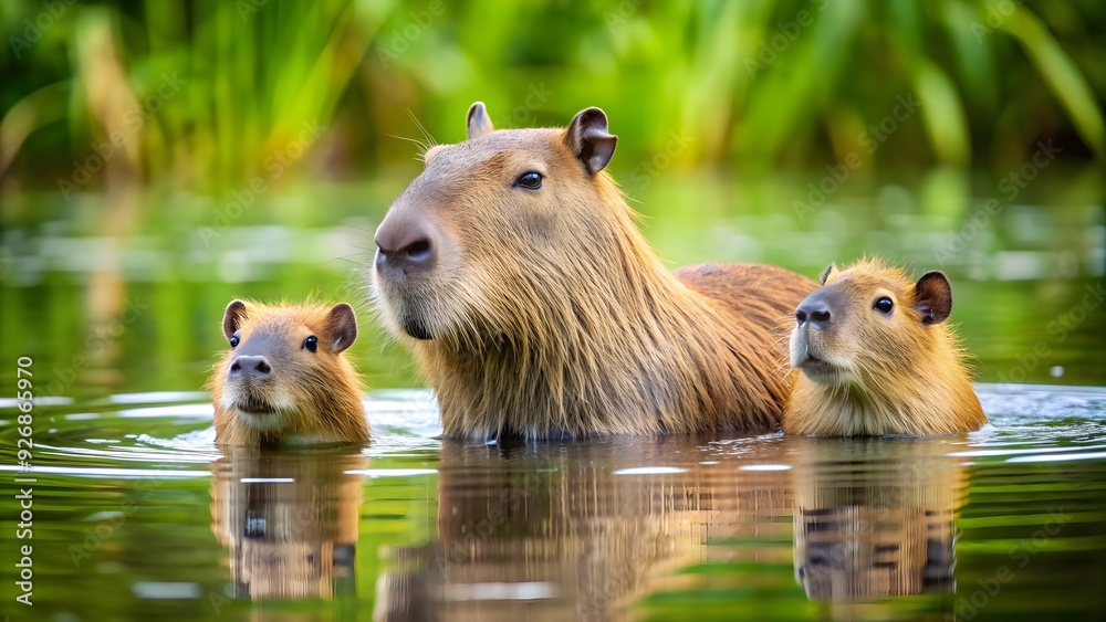 Foto de Capybara mother with adorable cubs swimming in water, capybara ...