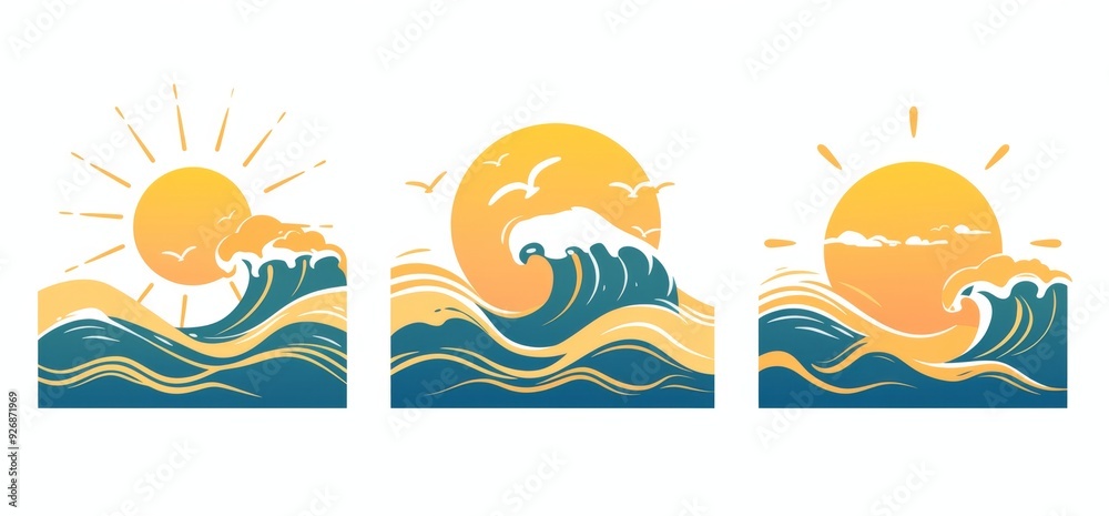 Series of Three Flat Vector Logos Featuring a Sun Rising Over Water ...