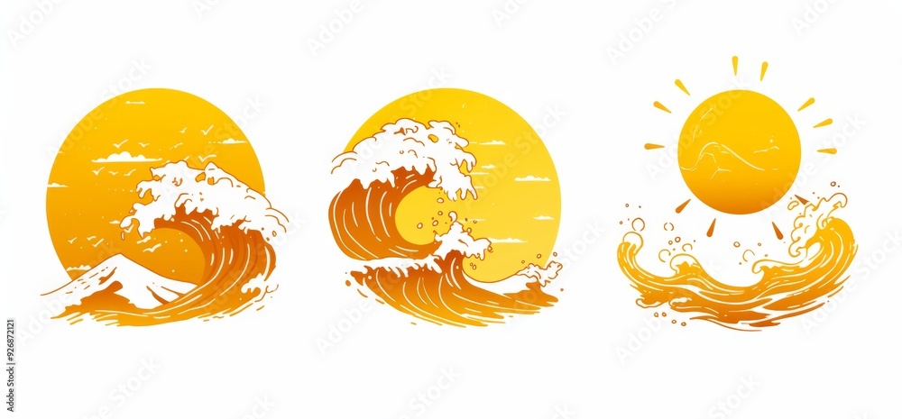 Series of Three Flat Vector Logos Featuring a Sun Rising Over Water ...