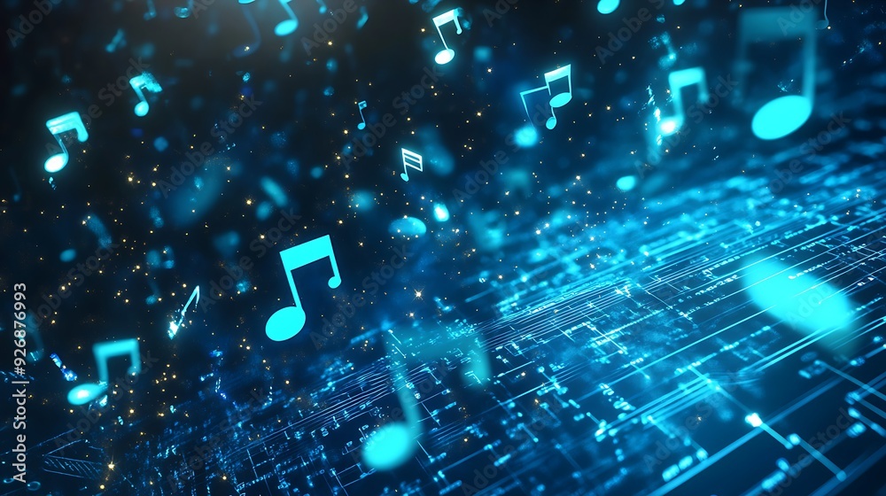 Abstract digital background with blue music notes floating over a ...