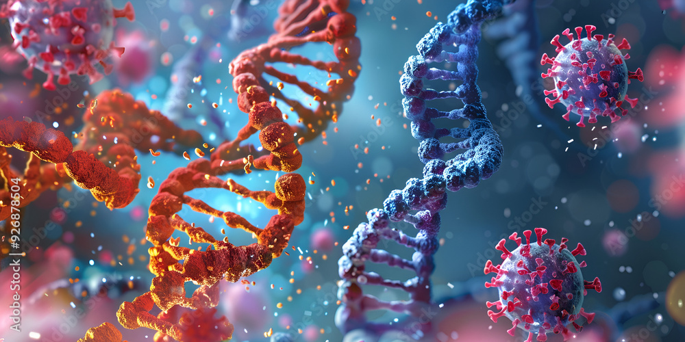 Cancer attacking DNA strands in a side-by-side 3D visualization DNA and ...