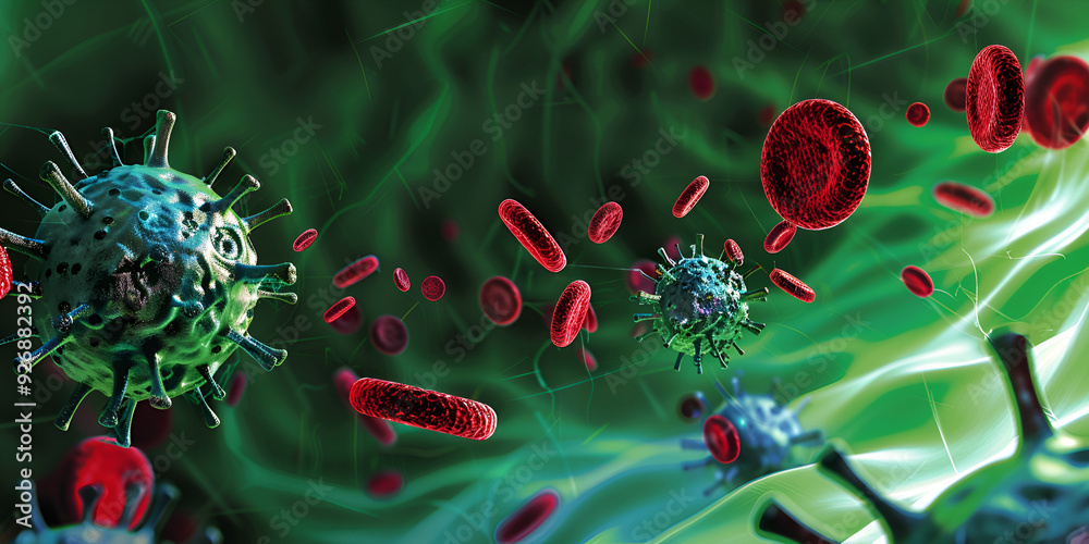 Microscopic view of viruses and red blood cells in a high-tech medical ...
