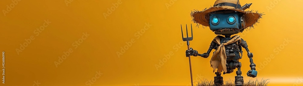 Full body android robot as a scarecrow, holding a pitchfork, isolated ...