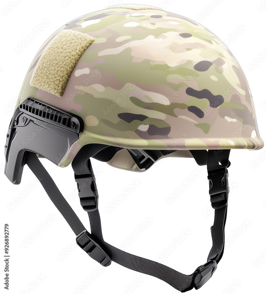 A detailed close-up of a military helmet with camouflage pattern ...
