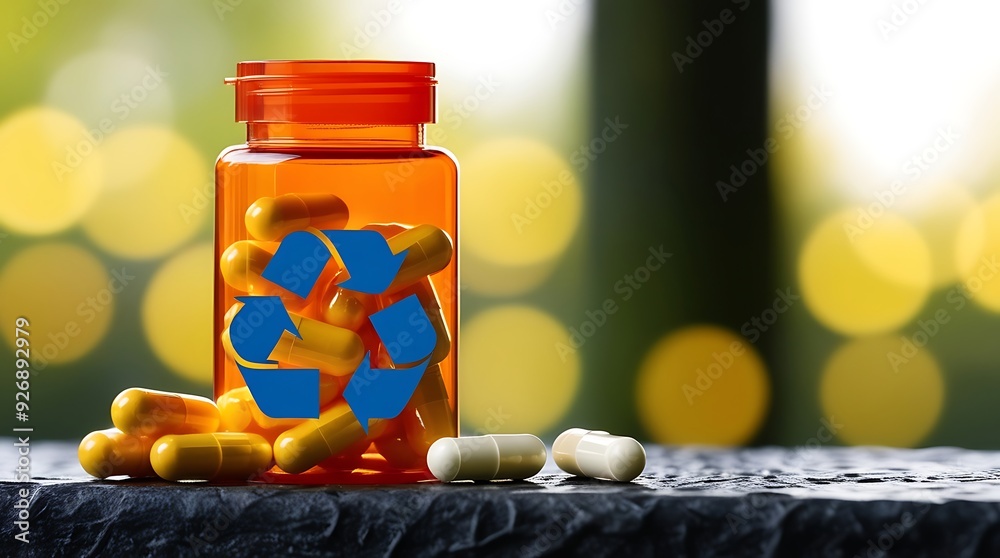 An eco-friendly medical pill bottle featuring a prominent recycling ...