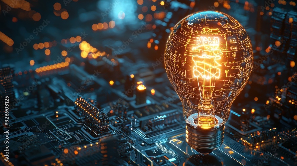 A bright idea symbolized by a glowing light bulb overlaid with AI ...