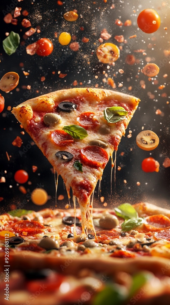 Levitating pizza slice with exploding toppings: melted cheese stretches ... Levitating pizza slice with exploding toppings: melted cheese stretches ...