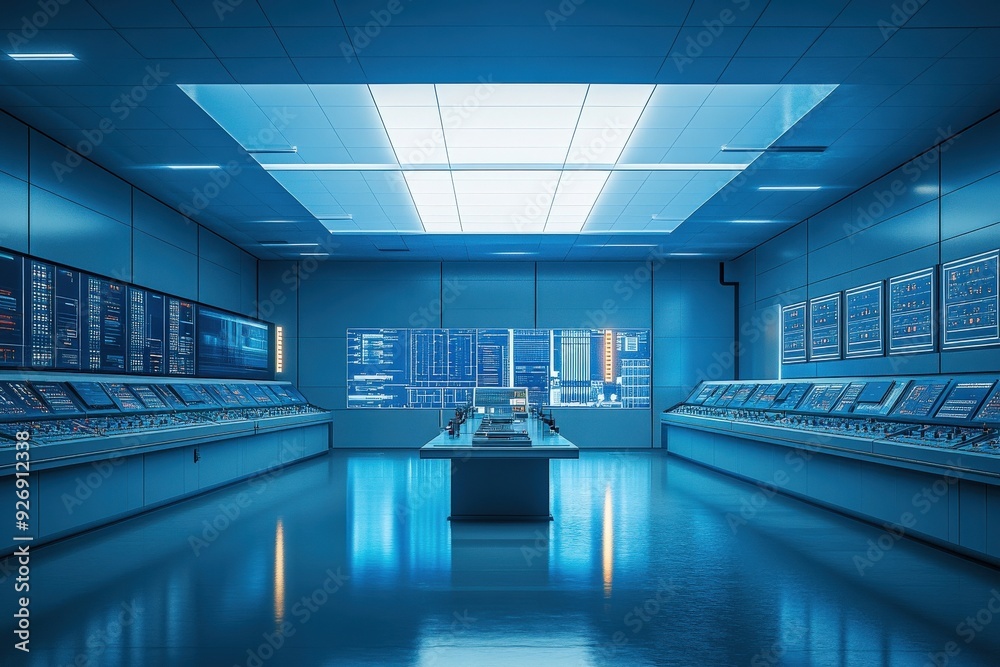 Interior of a high-tech control room at a hydropower plant, with ...