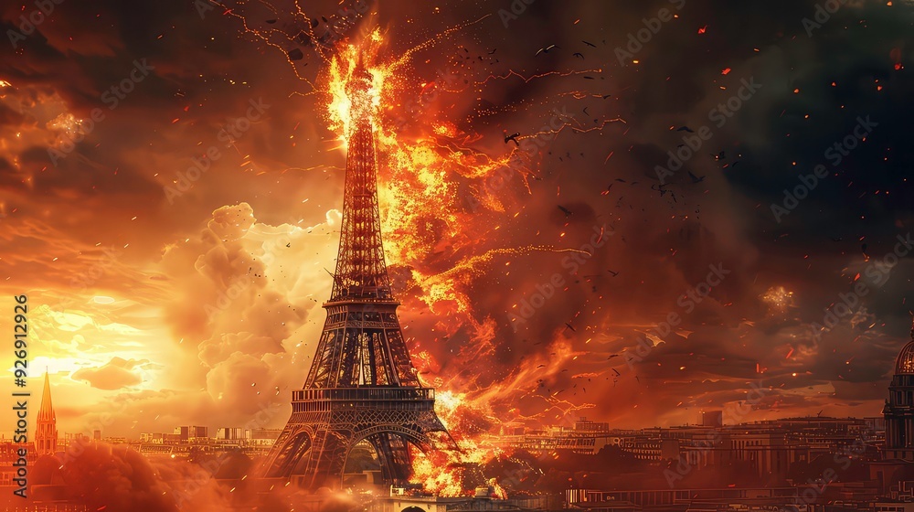 The Eiffel Tower is engulfed in flames, casting an ominous glow over ...