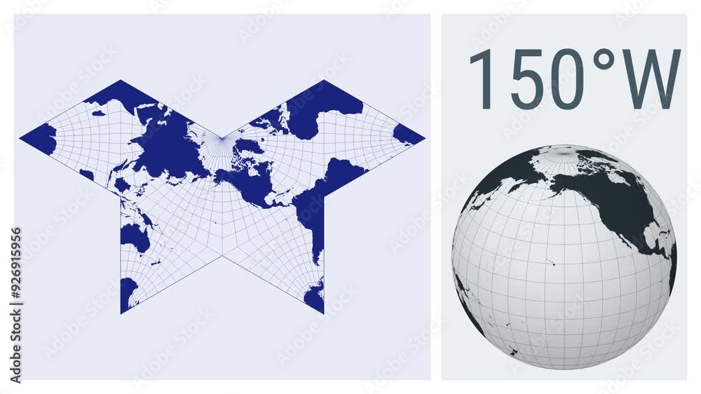 World Map Animation. Gnomonic butterfly projection. Solid color style ...