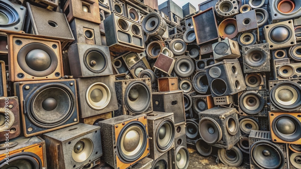 Speakers stacked in a junkyard , speakers, junkyard, technology, music, recycling, electronics ...