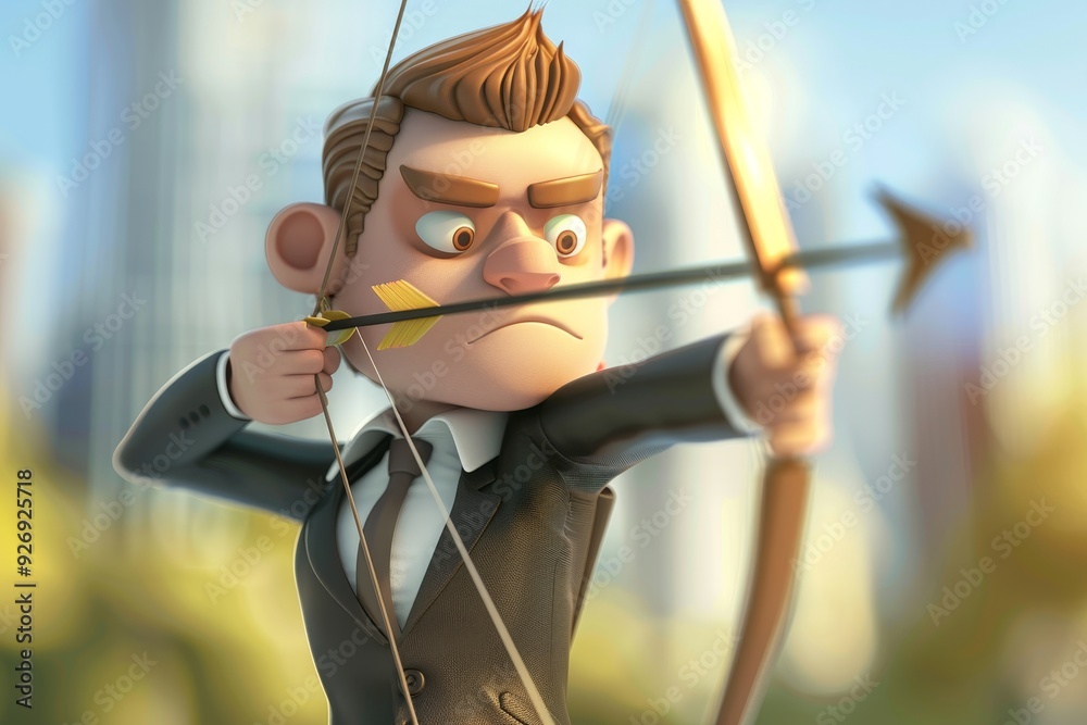 Cartoon character billy, the businessman, aiming accurately with a bow ...