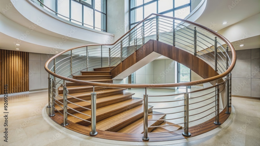 Round handrail on staircase balustrade in building , staircase ...