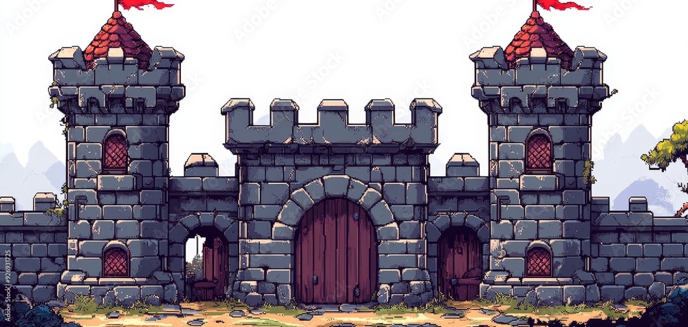 Pixelated Castle Gate A low-angle perspective reveals a pixelated stone ...