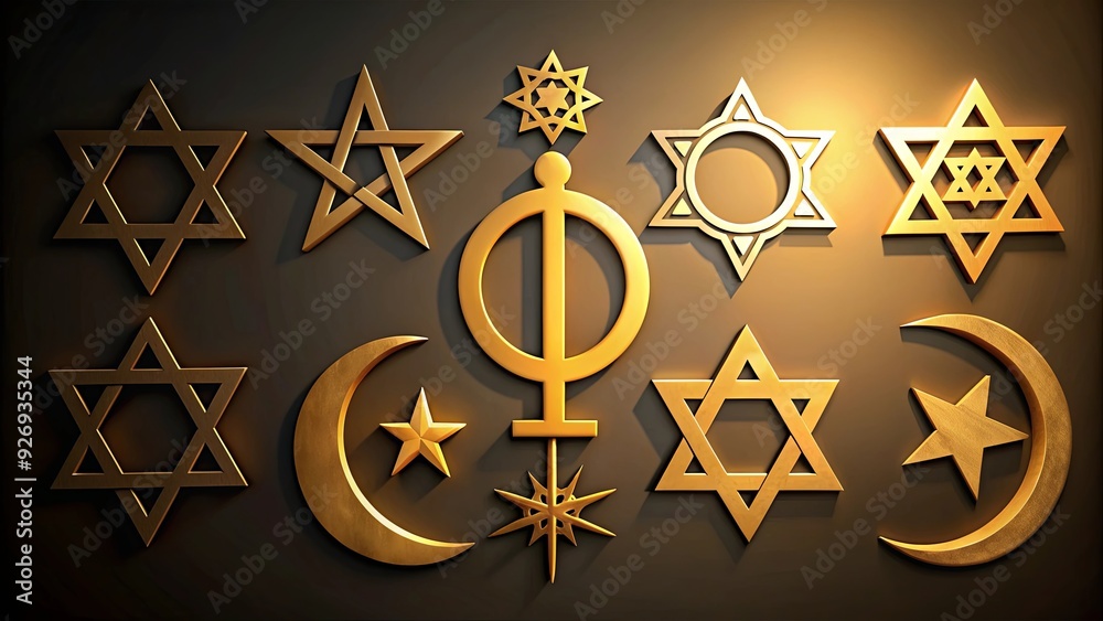 Various religious symbols such as crosses, stars of David, crescent ...
