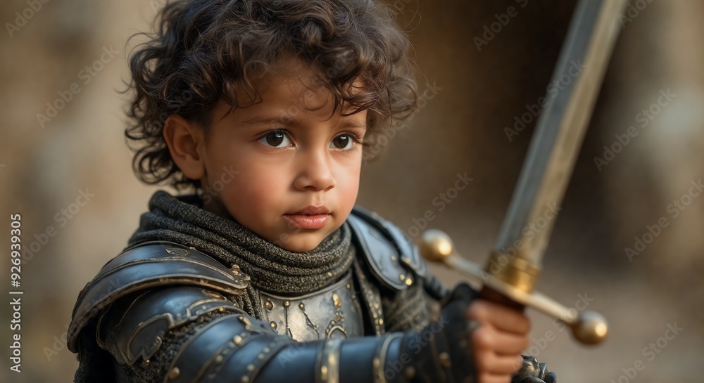 Intriguing image of a curly haired child holding a sword, dressed in ...
