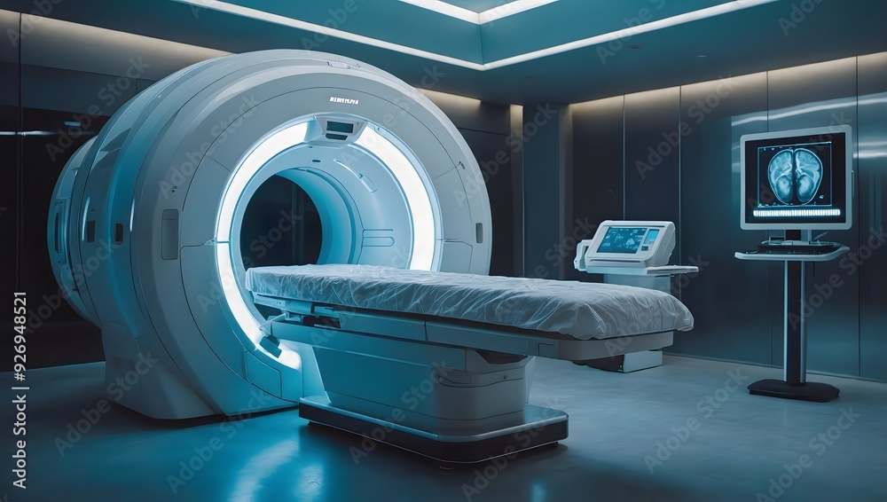 MRI machine set in a room with a desk and chairs, designed for patient ...
