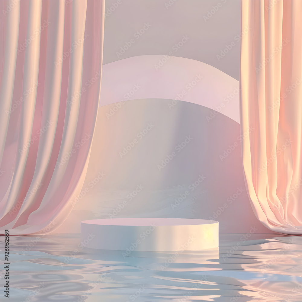 3d render abstract platform podium on water and waving curtains ...