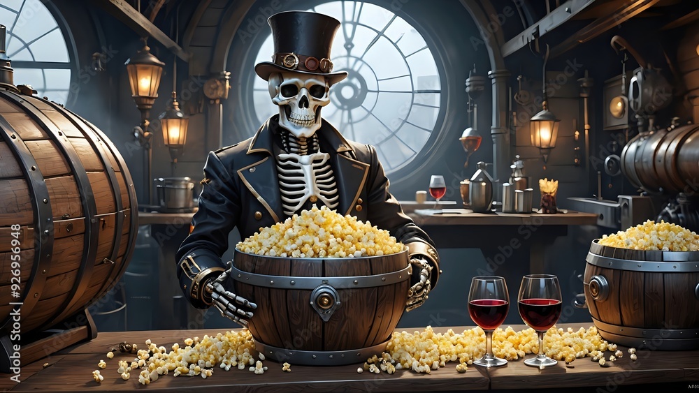 Skeleton wearing a top hat greeting with an old barrel of popcorn ...