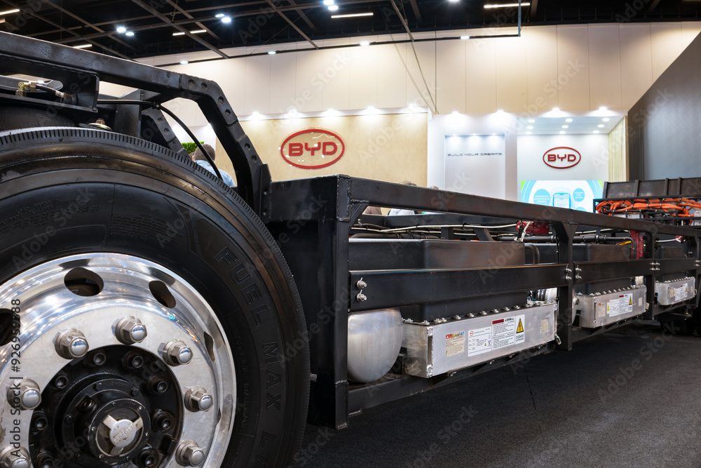 Detail of the BYD chassis and batteries of an electric bus vehicle on ...