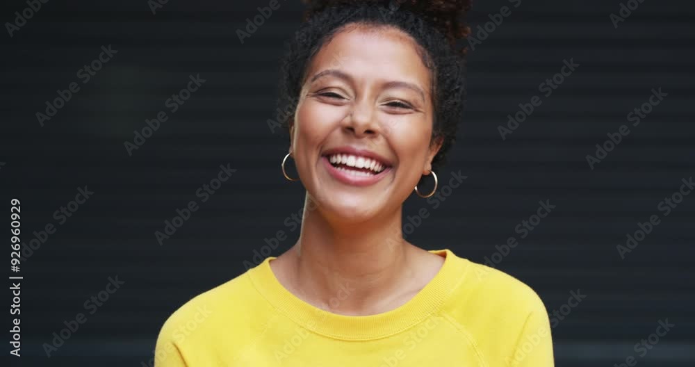 Face, funny and woman with a smile, humor and cheerful girl on a dark ...