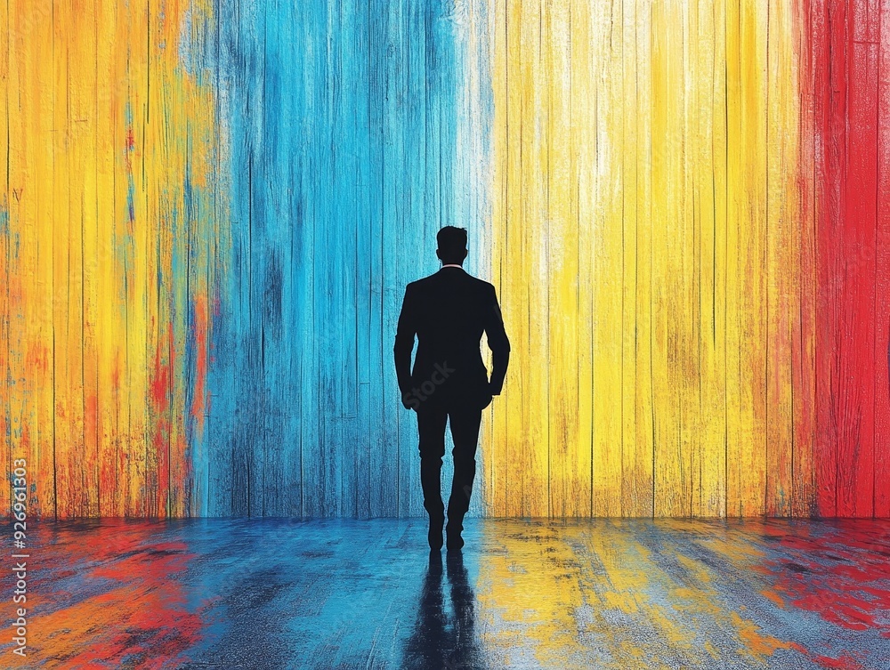 Silhouetted Figure Contemplates Colorful Wooden Wall A solitary figure ...