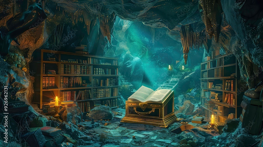 A magical cave library, illuminated by candles, with bookshelves and an ...