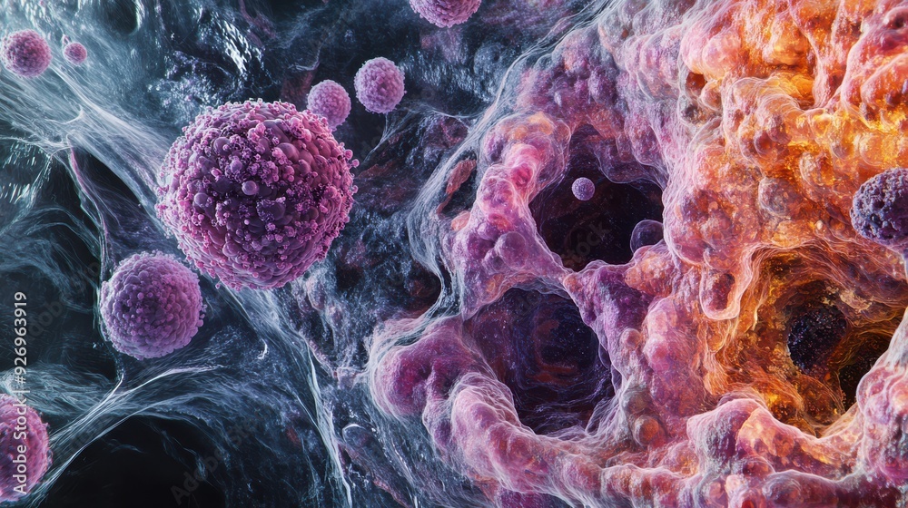 Detailed photorealistic rendering of cells in diseased tissue, high ...