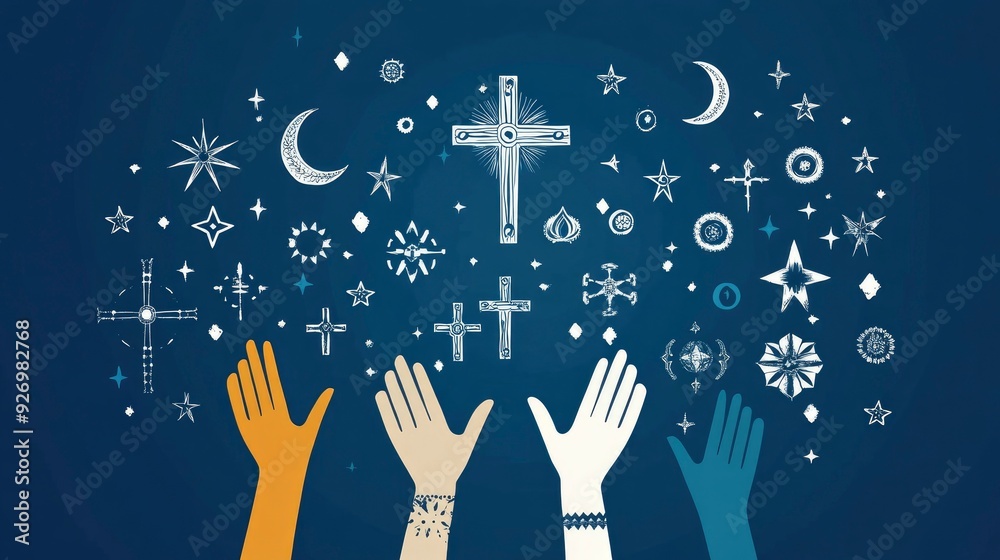 art of hands reaching towards religious symbols like the cross, moon ...