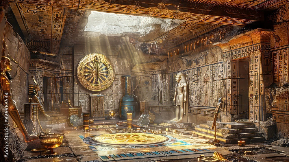 An ancient Egyptian tomb, with hieroglyphs, golden statues and a ...